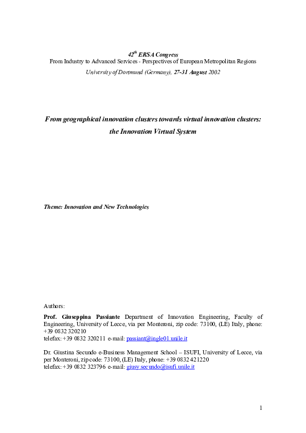 (PDF) From geographical innovation clusters towards virtual innovation clusters: the Innovation ...