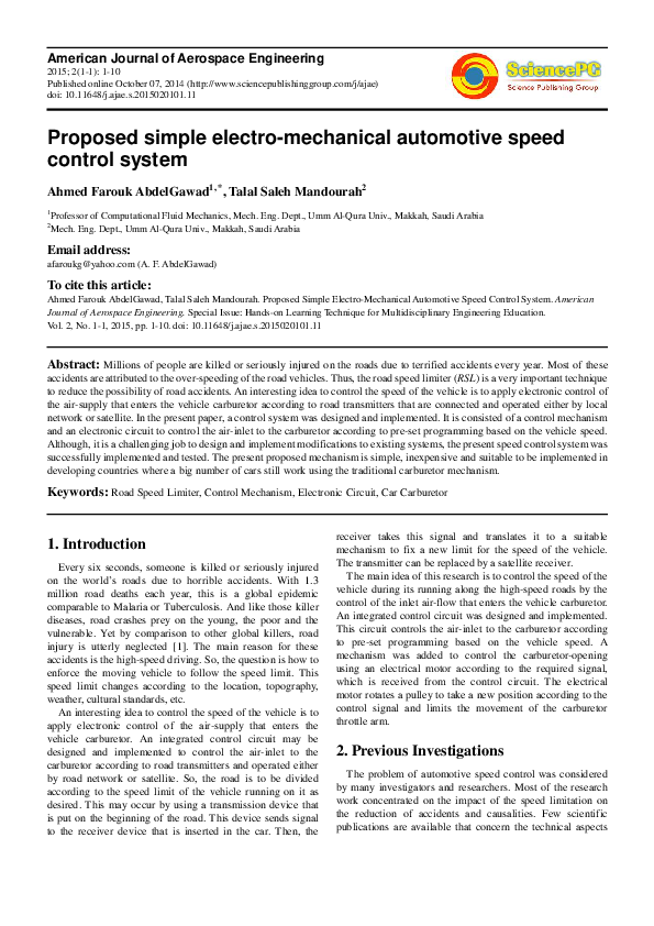 (PDF) Proposed Simple Electro-Mechanical Automotive Speed Control System