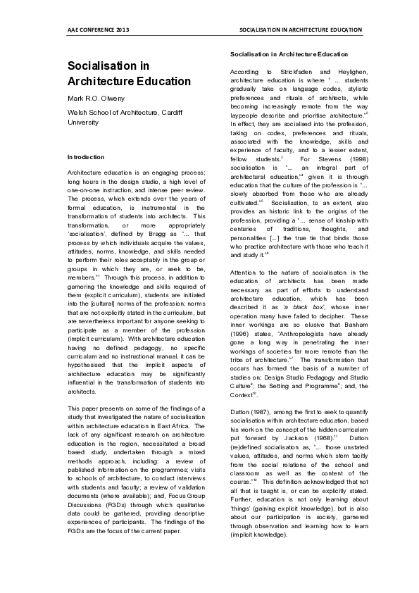 (PDF) Socialisation in Architecture Education