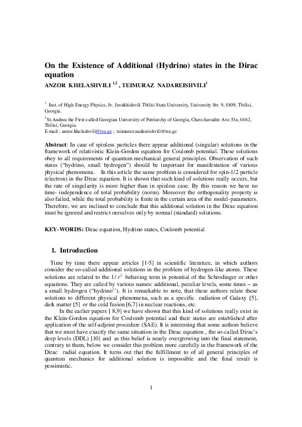 (PDF) On the Existence of Additional (Hydrino) states in the Dirac equation