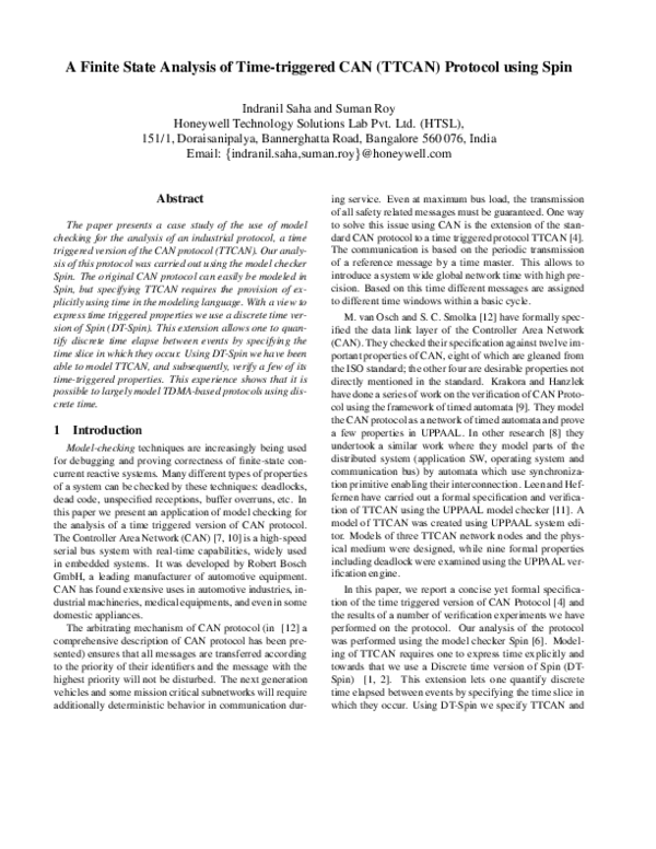 Pdf A Finite State Analysis Of Time Triggered Can Ttcan Protocol Using Spin