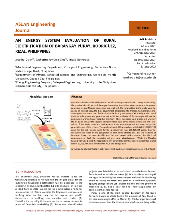 (PDF) An Energy System Evaluation of Rural Electrification of Barangay ...