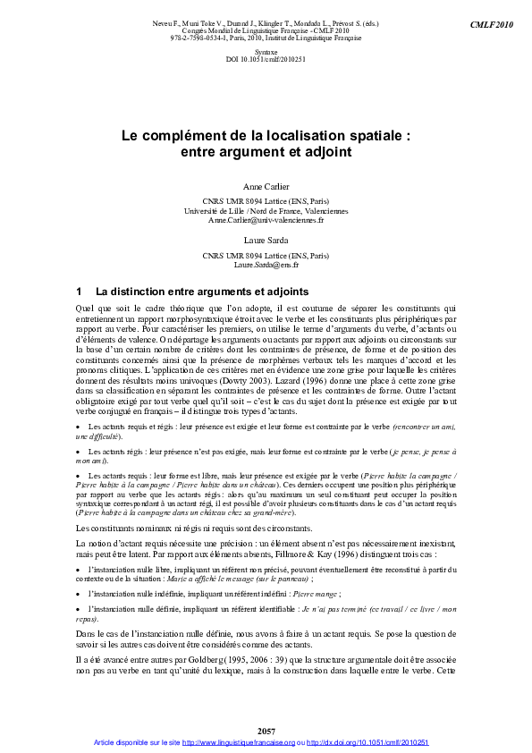 (PDF) Le complément de la localisation spatiale : entre argument et adjoint
