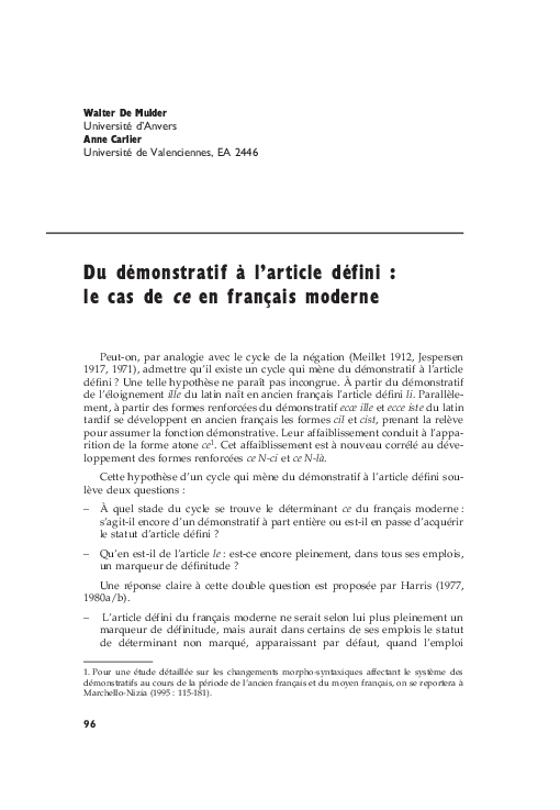 (PDF) Du démonstratif à l'article défini : le cas de ce en français moderne