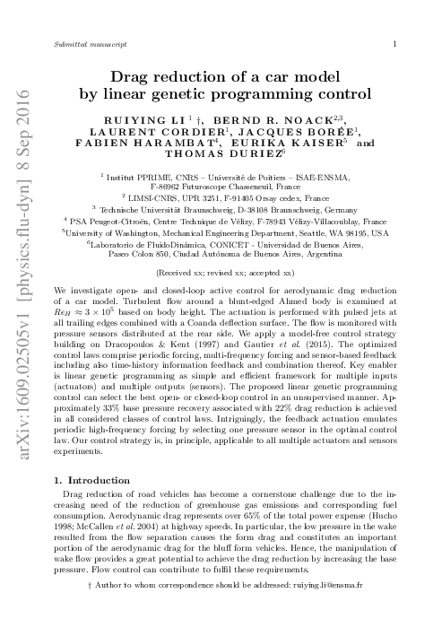 Pdf Drag Reduction Of A Car Model By Linear Genetic Programming Control Laurent Cordier