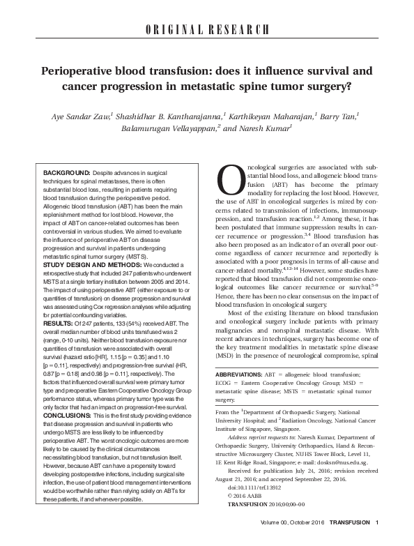 (PDF) Perioperative blood transfusion: does it influence survival and ...