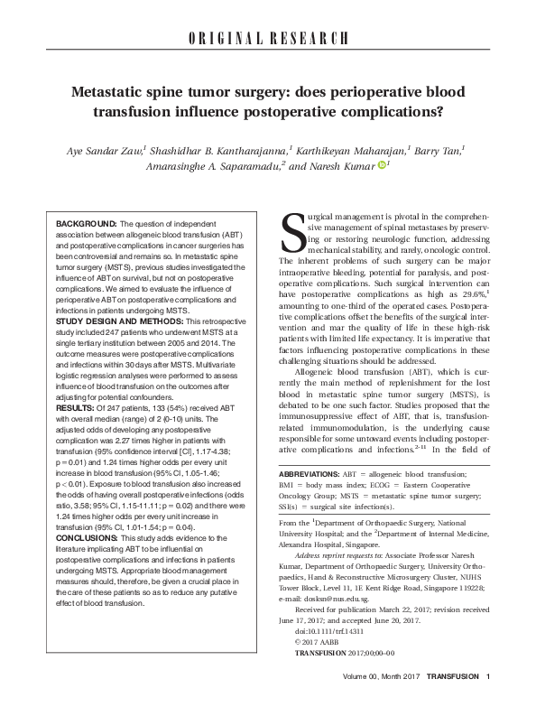 (PDF) Metastatic spine tumor surgery: does perioperative blood ...