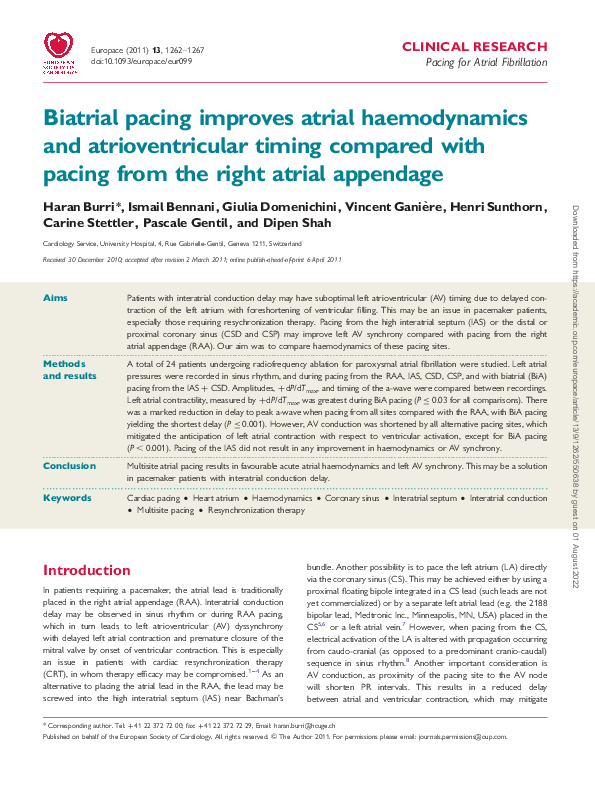 (PDF) Biatrial pacing improves atrial haemodynamics and ...