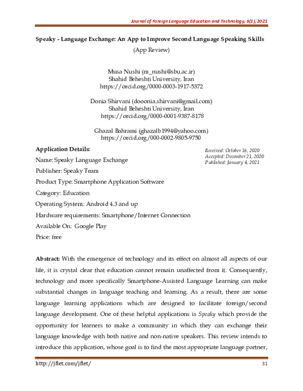 (PDF) Speaky -Language Exchange: An App to Improve Second Language Speaking Skills