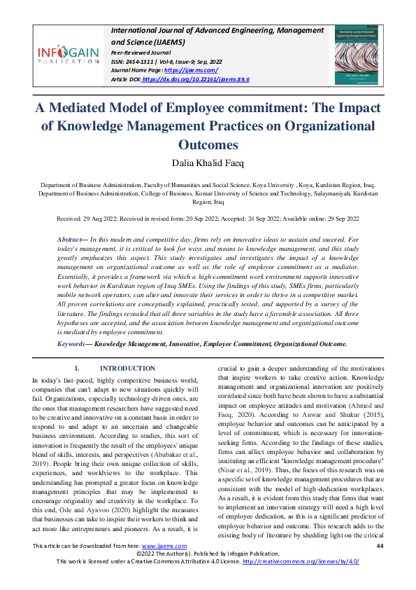 (PDF) A Mediated Model of Employee commitment: The Impact of Knowledge Management Practices on ...