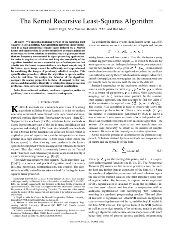 (PDF) The Kernel Recursive Least-Squares Algorithm