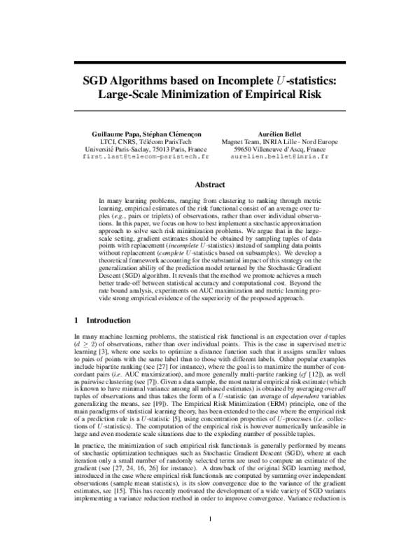 Pdf Sgd Algorithms Based On Incomplete U Statistics Large Scale