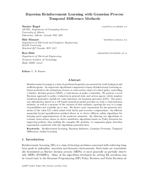Pdf Bayesian Reinforcement Learning With Gaussian Process Temporal Difference Methods 