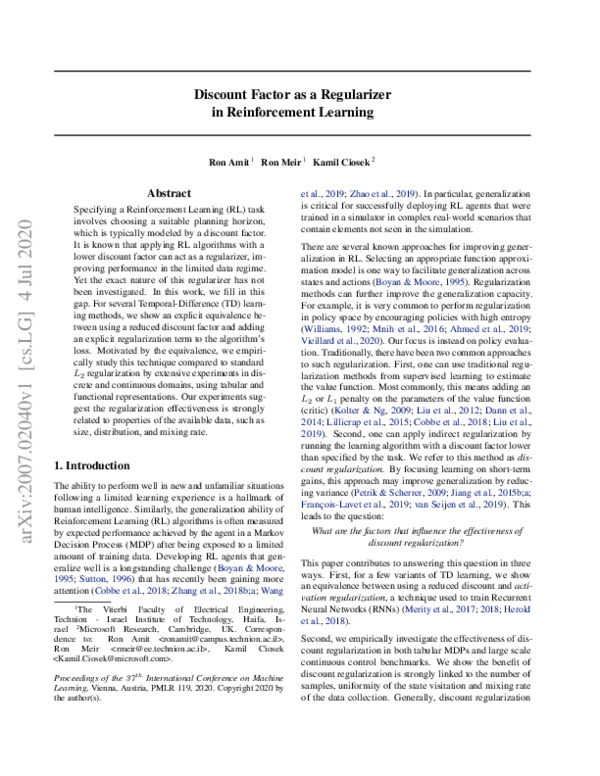 (PDF) Discount Factor as a Regularizer in Reinforcement Learning