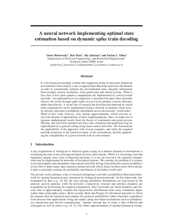 Pdf A Neural Network Implementing Optimal State Estimation Based On Dynamic Spike Train