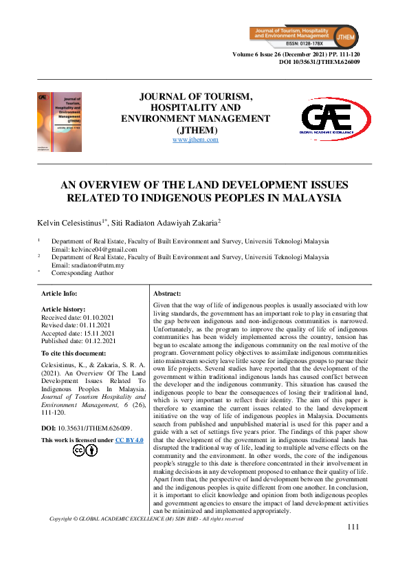 (PDF) An Overview of the Land Development Issues Related to Indigenous ...