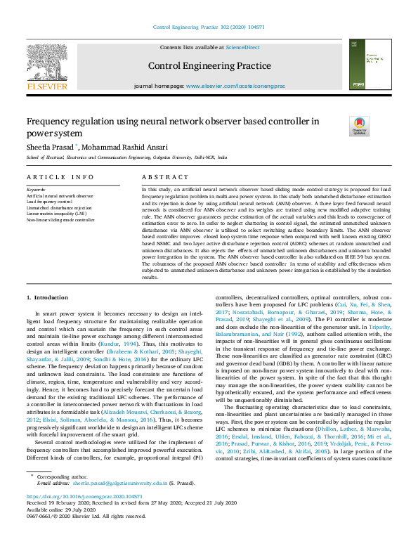 (PDF) Frequency regulation using neural network observer based controller in power system