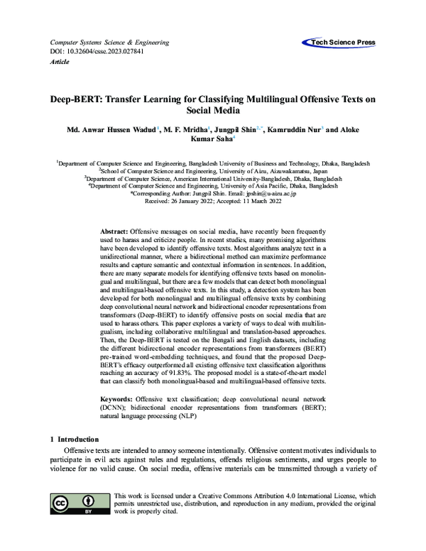 (PDF) Deep-BERT: Transfer Learning for Classifying Multilingual Offensive Texts on Social Media