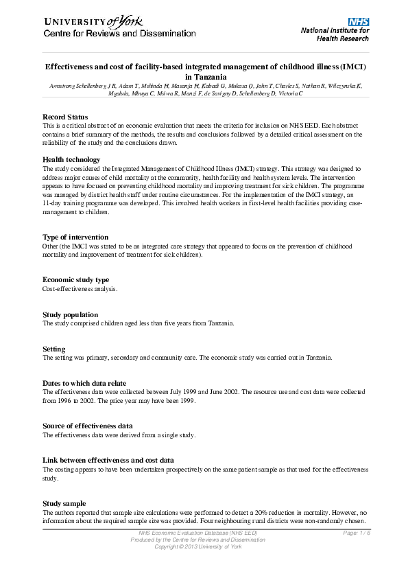 (PDF) Effectiveness and cost of facility-based Integrated Management of ...