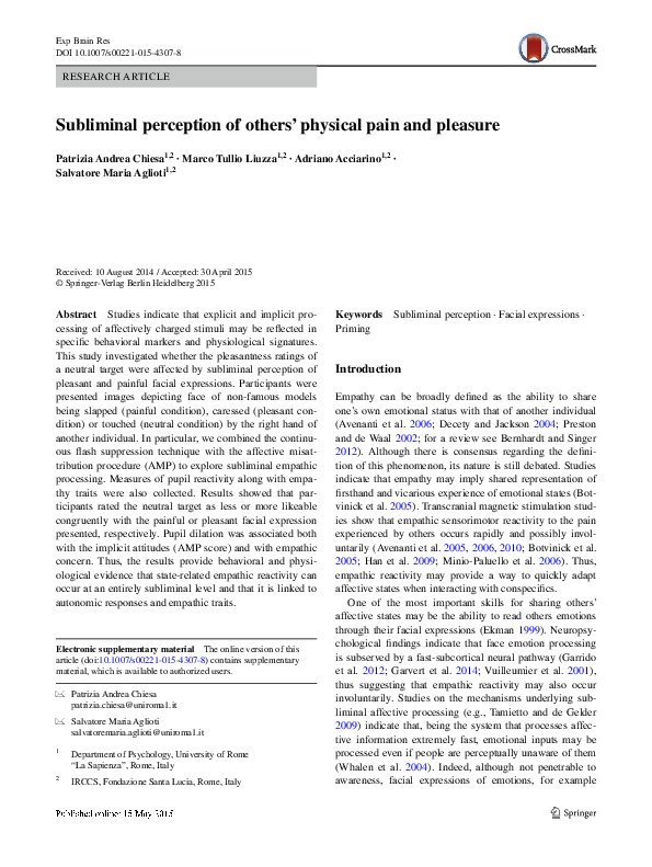 (PDF) Subliminal perception of others’ physical pain and pleasure
