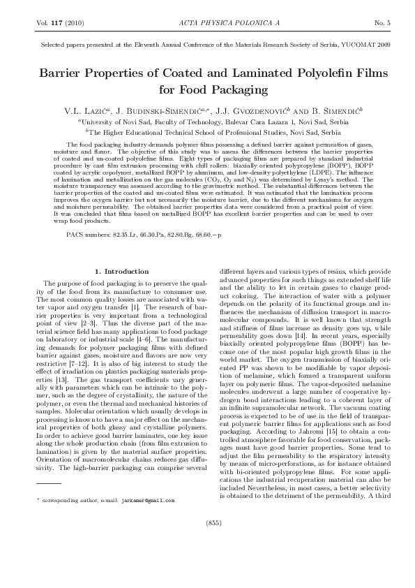(PDF) Barrier Properties of Coated and Laminated Polyolefin Films for ...