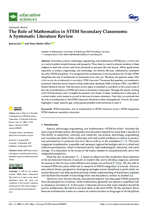 (PDF) The Role of Mathematics in STEM Secondary Classrooms: A ...