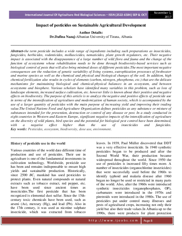 (PDF) Impact of pesticides on Sustainable Agricultural Development