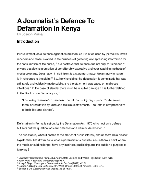 (PDF) A Journalist's Defence To Defamation in Kenya