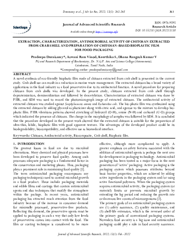 (PDF) Extraction, Characterization, Antimicrobial Activity of Chitosan Extracted from Crab Shell ...