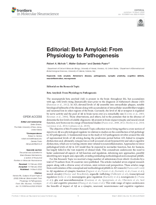 (PDF) Editorial: Beta Amyloid: From Physiology to Pathogenesis