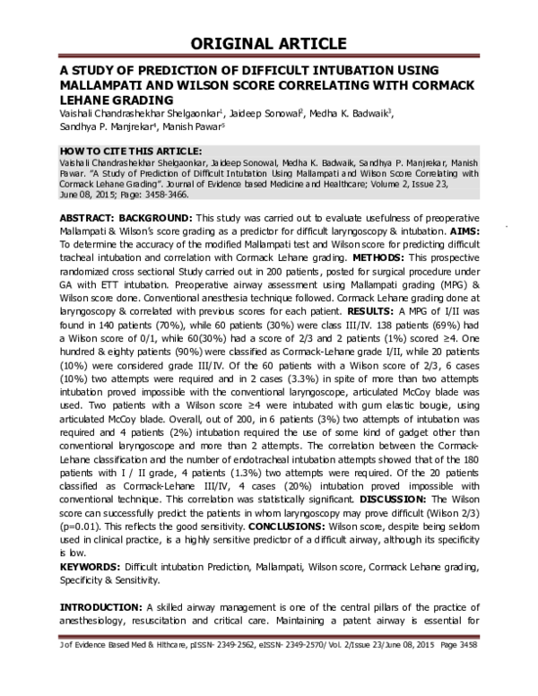 (PDF) A Study of Prediction of Difficult Intubation Using Mallampati ...