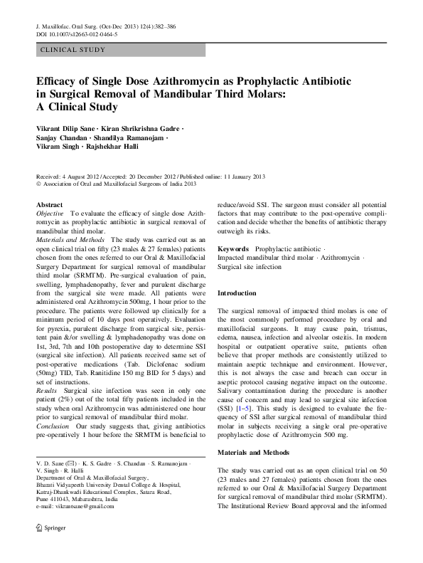 (PDF) Efficacy of Single Dose Azithromycin as Prophylactic Antibiotic ...