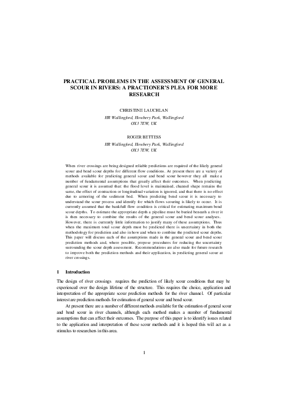 (PDF) Practical Problems in the Assessment of General Scour in Rivers ...