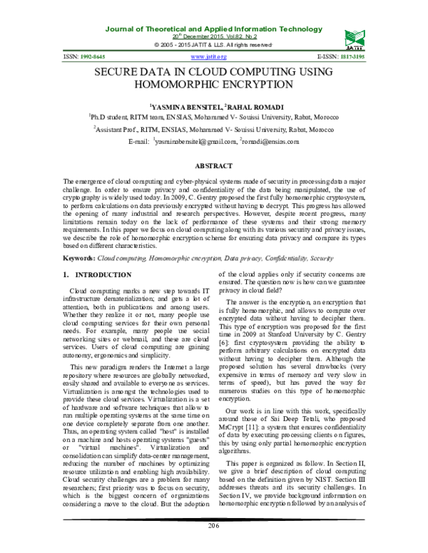Pdf Secure Data In Cloud Computing Using Homomorphic Encryption