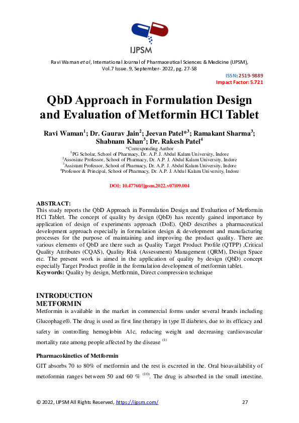 Pdf Qbd Approach In Formulation Design And Evaluation Of Metformin Hcl Tablet Ijpsm Journal