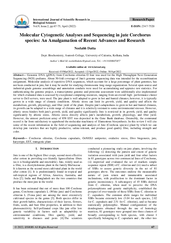 (PDF) Molecular Cytogenetic Analyses and Sequencing in jute Corchorus species: An Amalgamation ...