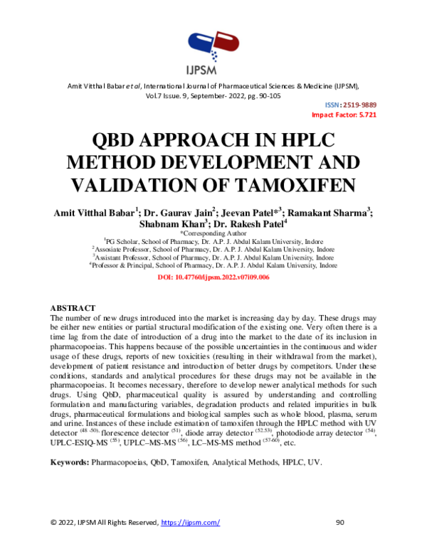 Pdf Qbd Approach In Hplc Method Development And Validation Of Tamoxifen