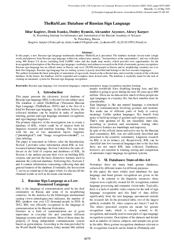 (PDF) TheRuSLan: Database of Russian Sign Language | Dmitry Ryumin ...