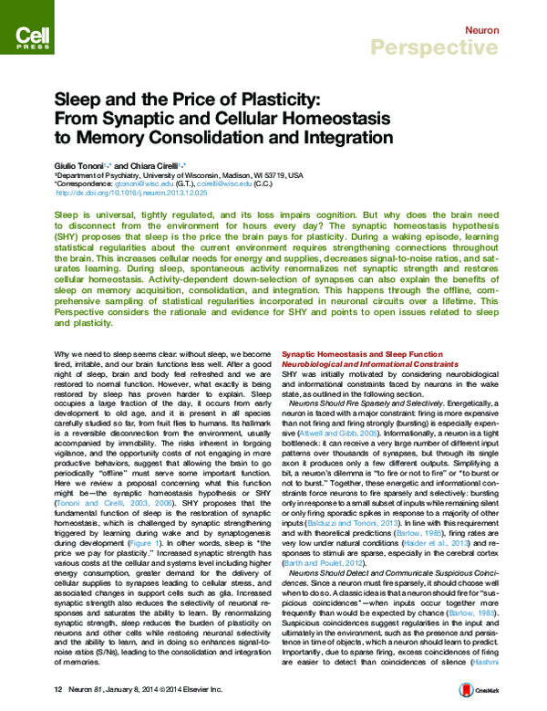 (PDF) Sleep and the Price of Plasticity: From Synaptic and Cellular Homeostasis to Memory ...