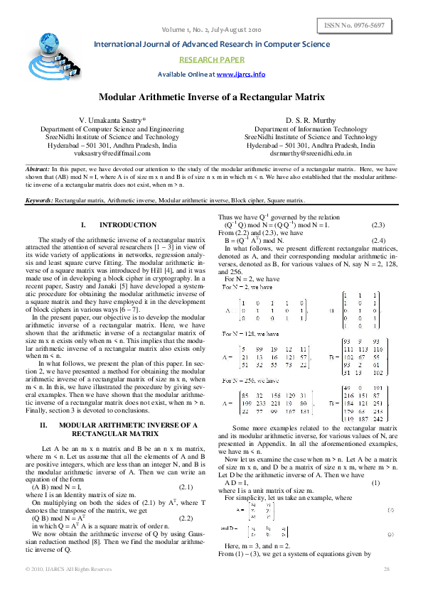 Pdf Modular Arithmetic Inverse Of A Rectangular Matrix 