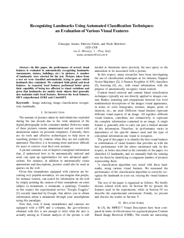 (PDF) Recognizing Landmarks Using Automated Classification Techniques: Evaluation of Various ...