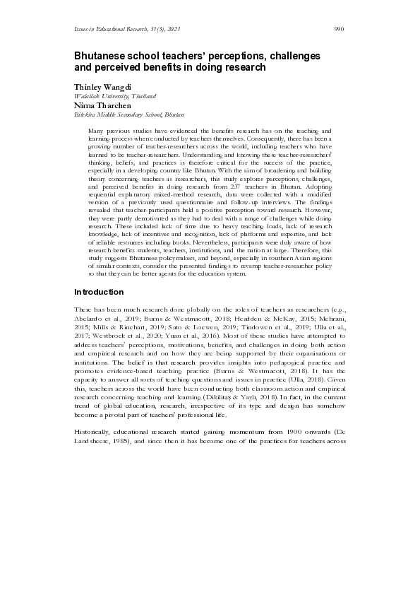 (PDF) Bhutanese school teachers' perceptions, challenges, and perceived benefits in doing research