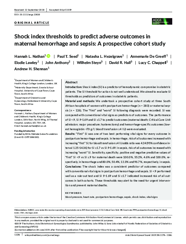 (PDF) Shock index thresholds to predict adverse outcomes in maternal ...
