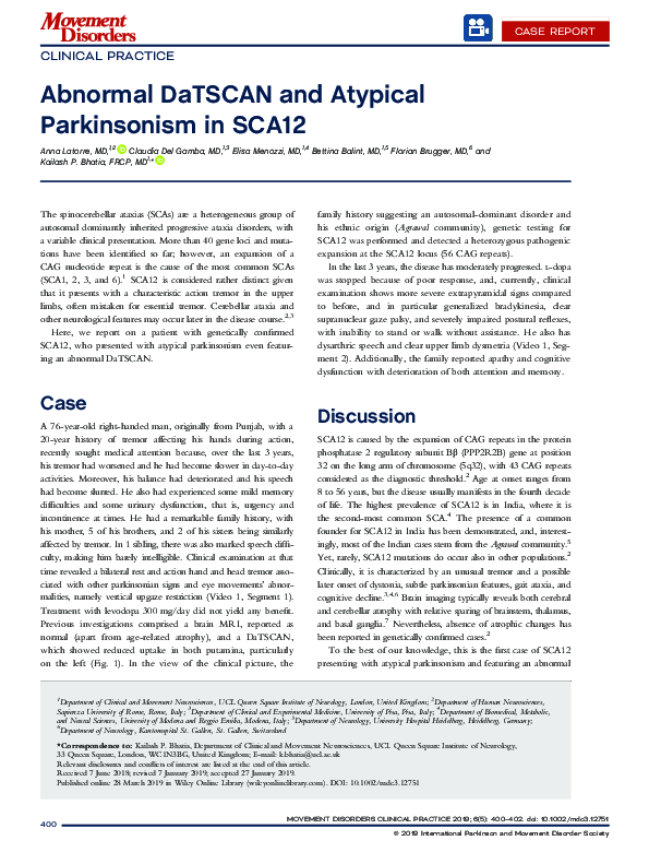 (PDF) Abnormal DaTSCAN and Atypical Parkinsonism in SCA12