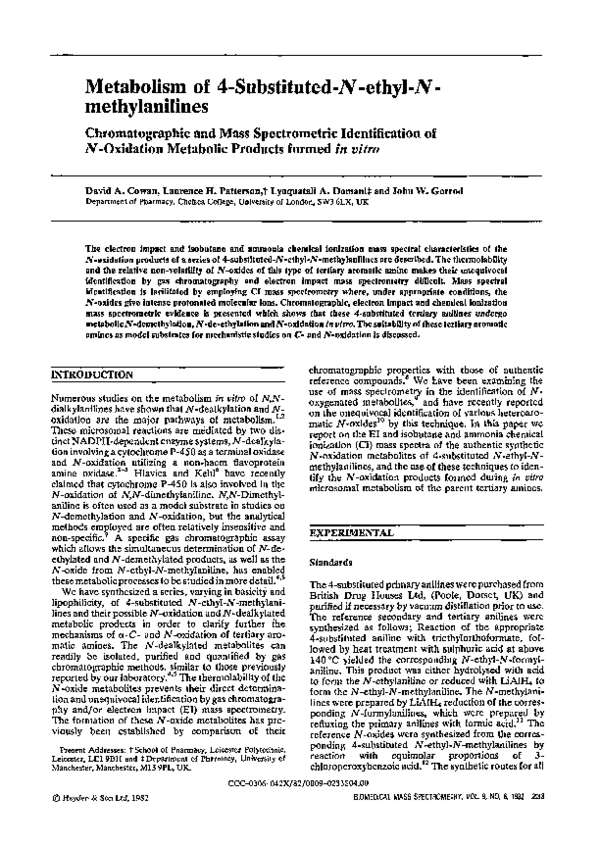 (PDF) N-Oxidation of 4-substituted Anilines Metabolites