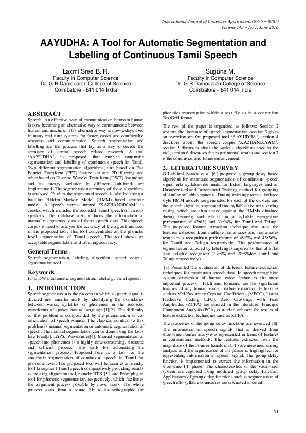 Pdf Aayudha A Tool For Automatic Segmentation And Labelling Of Continuous Tamil Speech