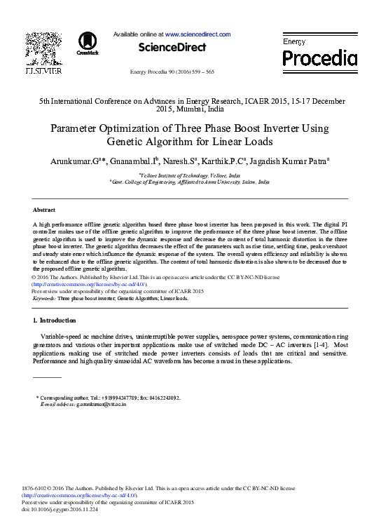 Pdf Parameter Optimization Of Three Phase Boost Inverter Using Genetic Algorithm For Linear Loads