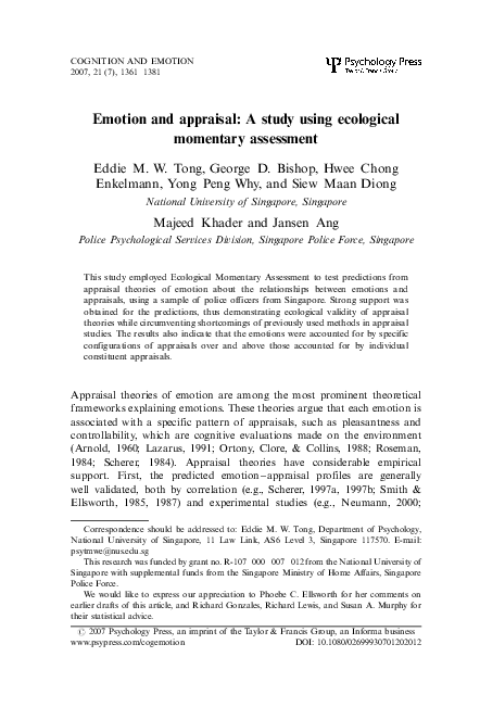 (PDF) Emotion and appraisal: A study using ecological momentary assessment