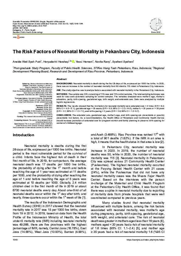 (PDF) The Risk Factors of Neonatal Mortality in Pekanbaru City, Indonesia