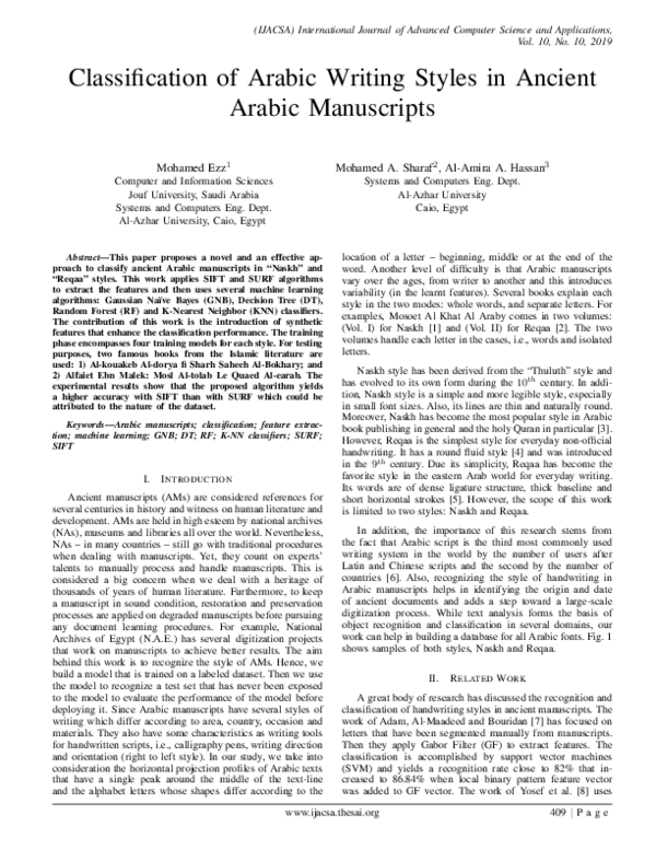 (PDF) Classification of Arabic Writing Styles in Ancient Arabic Manuscripts